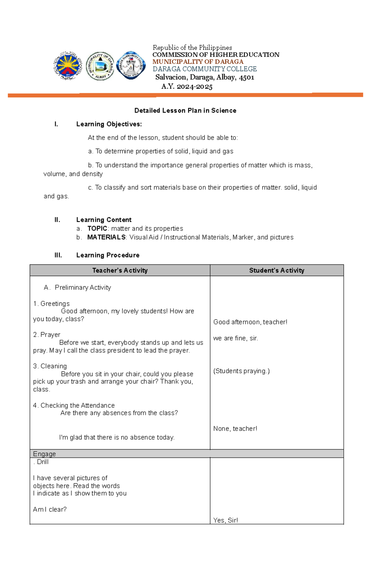 Detailed Lesson Plan in Science I: Properties of Matter (LP Science ...