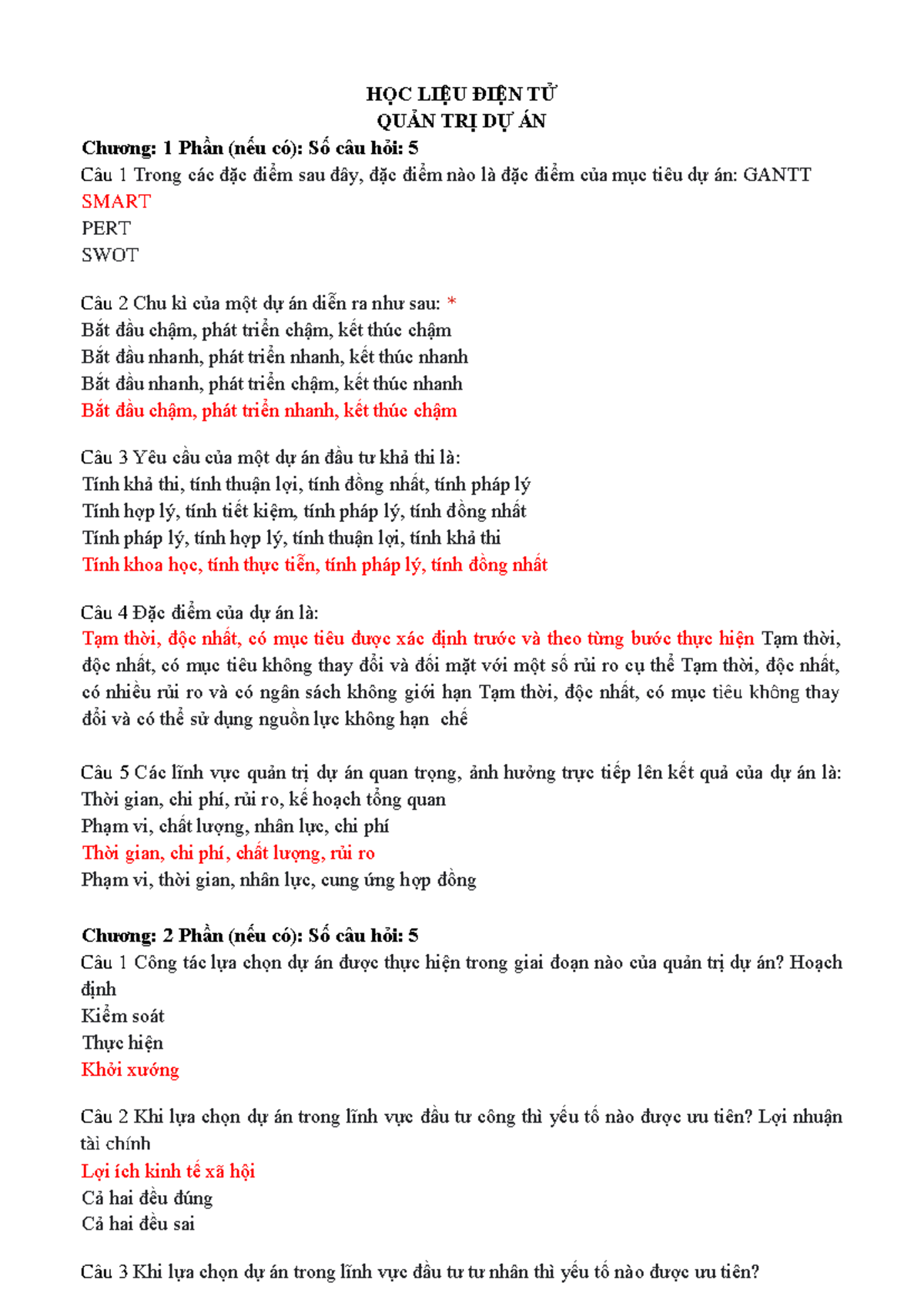 Quản trị Dự Án: Câu Hỏi và Giải Đáp - FFHK - Studocu