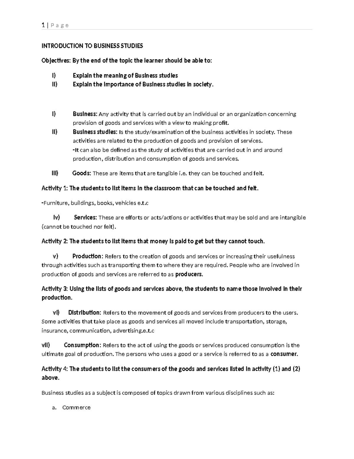 Introduction to Business Studies: Key Concepts and Importance - Studocu