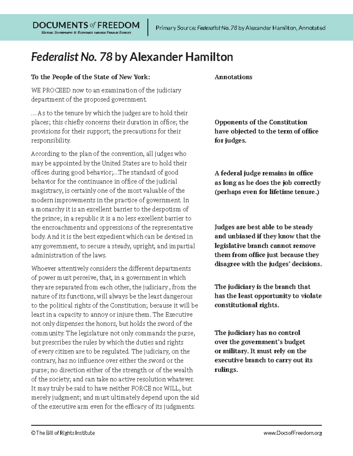 Federalist No. 78: Annotations on Judicial Independence and Power - Studocu