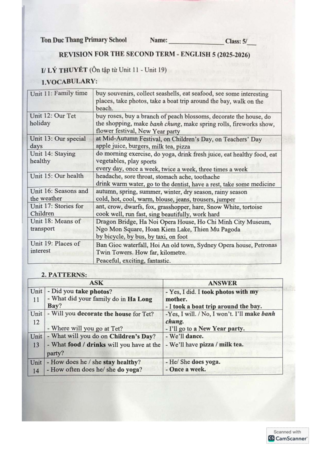 Đề Cương HK2 G5 TĐT: Revision for English 5 Units 11-19 - Studocu