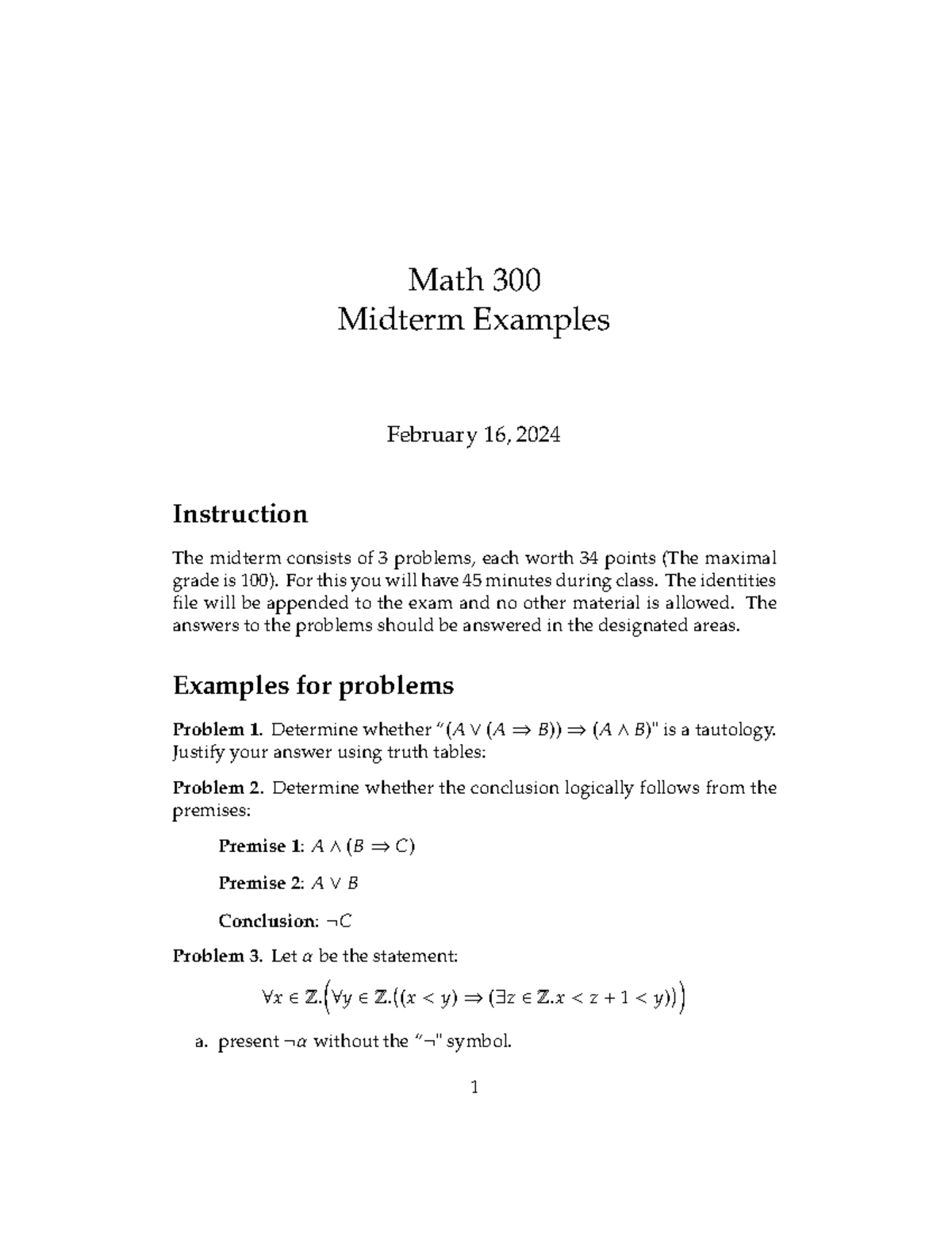 Math 300 Midterm Exam Examples - February 16, 2024 - Studocu
