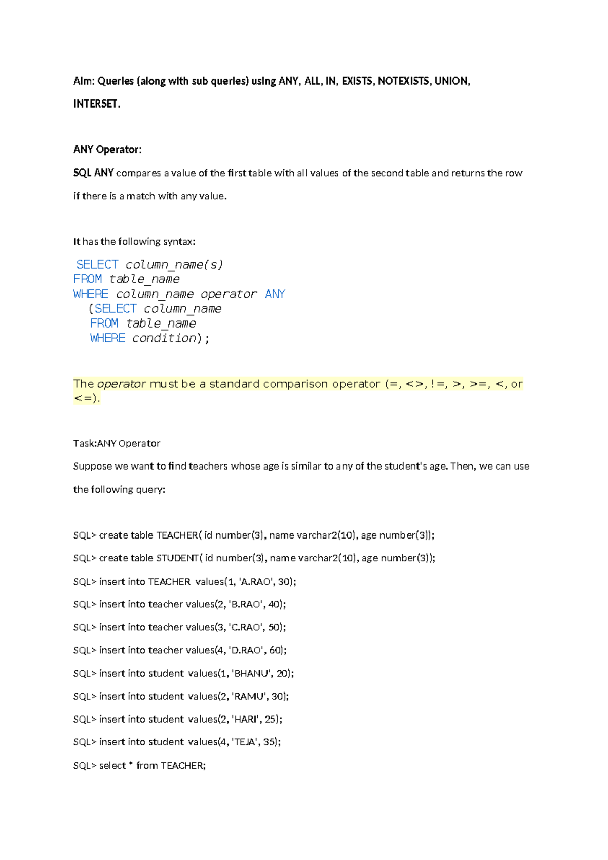 Ex2 DBMS-1: SQL Queries with ANY, ALL, EXISTS, and UNION Operators ...