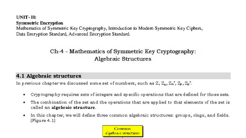 Mathematics of Symmetric Key Cryptography: Algebraic Structures (CNS UNIT-2 R20) - Studocu