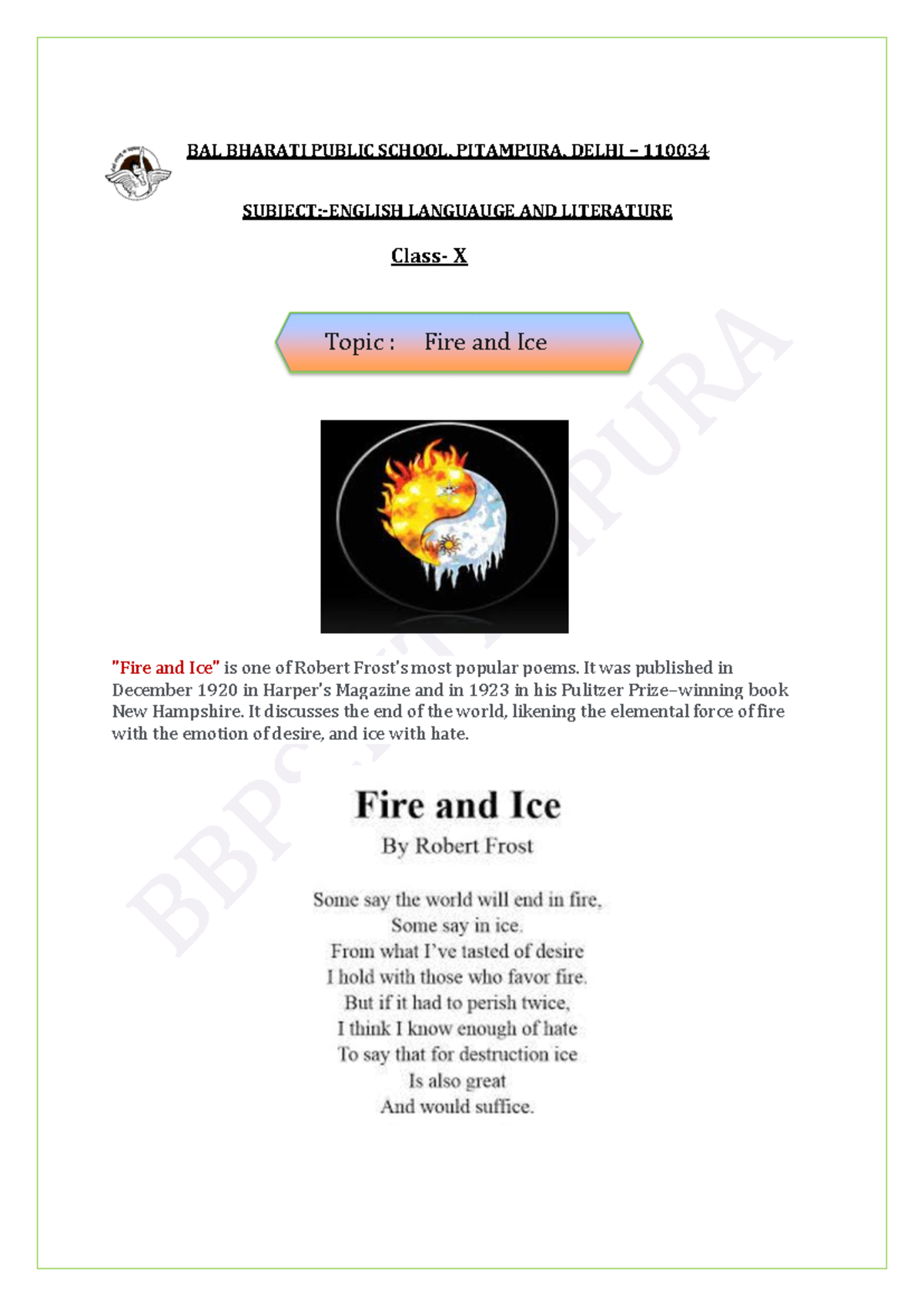 Elesson 10: Fire and Ice - Robert Frost's Poem Analysis (Eng) - Studocu