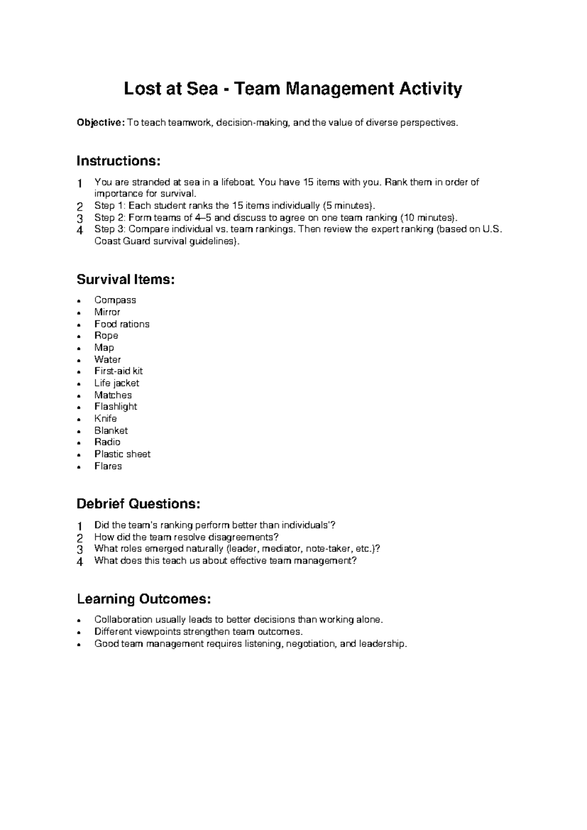 Lost at Sea Team Management Activity: Survival Ranking Exercise - Studocu