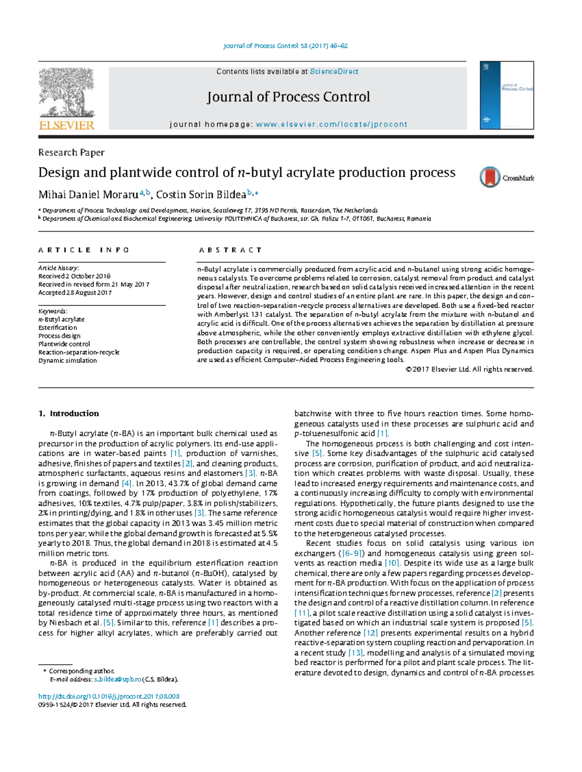 Design and Plantwide Control of n-Butyl Acrylate Production Process ...
