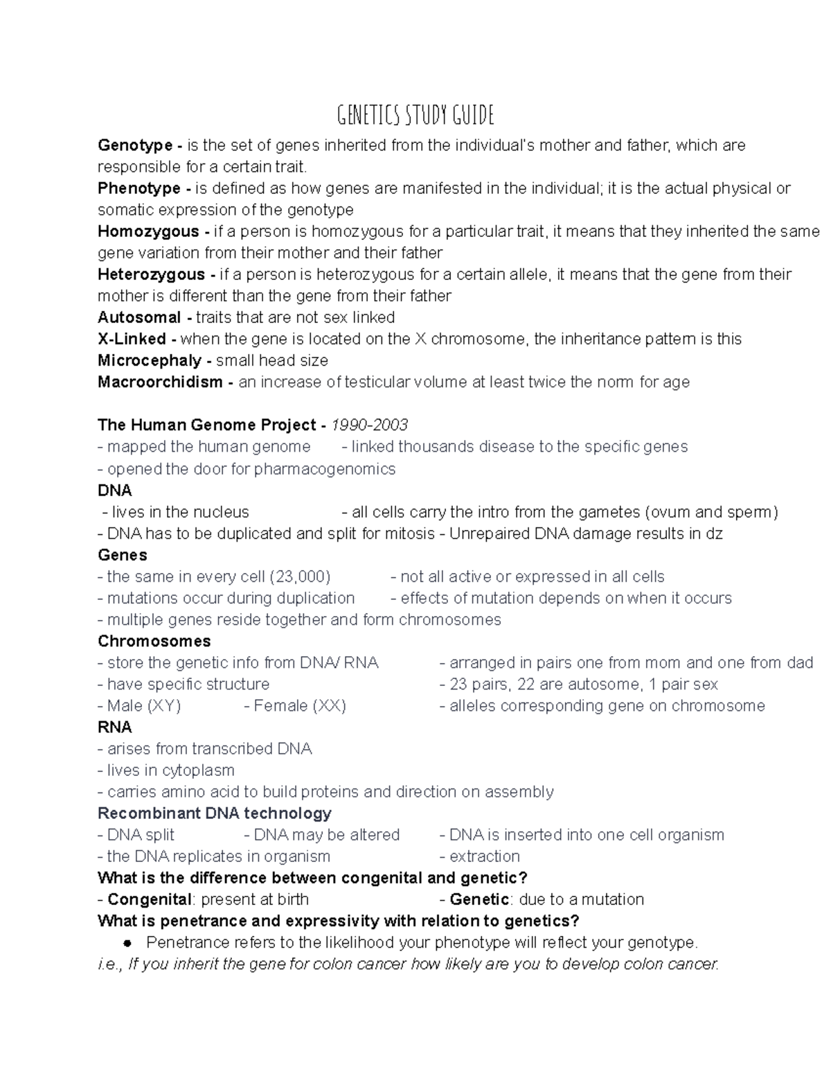 Genetics Study Guide - NU327 Exam 1 - GENETICS STUDY GUIDE Genotype ...