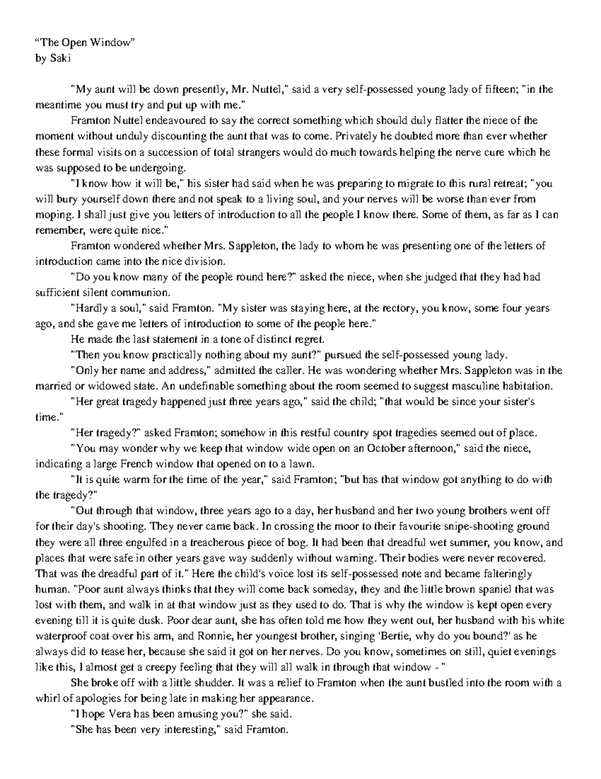 The Open Window by Saki: Analysis and Discussion Notes - Studocu