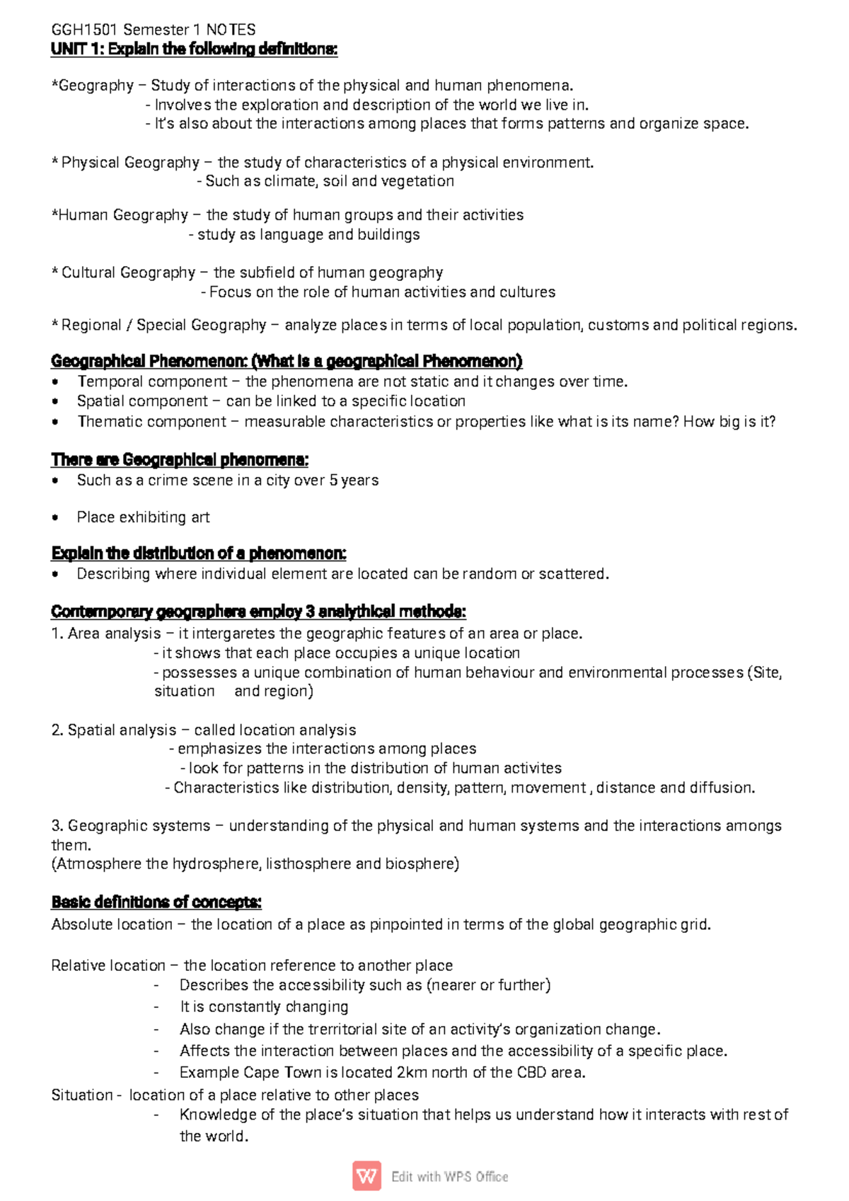 GGH1501 Semester 1 Exam Prep Notes: Key Concepts in Geography - Studocu