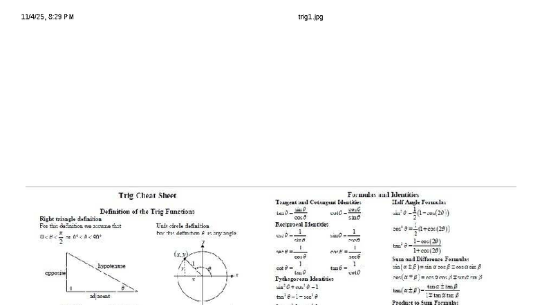 Trig1: Cheat Sheet for Trigonometric Formulas & Identities - Studocu