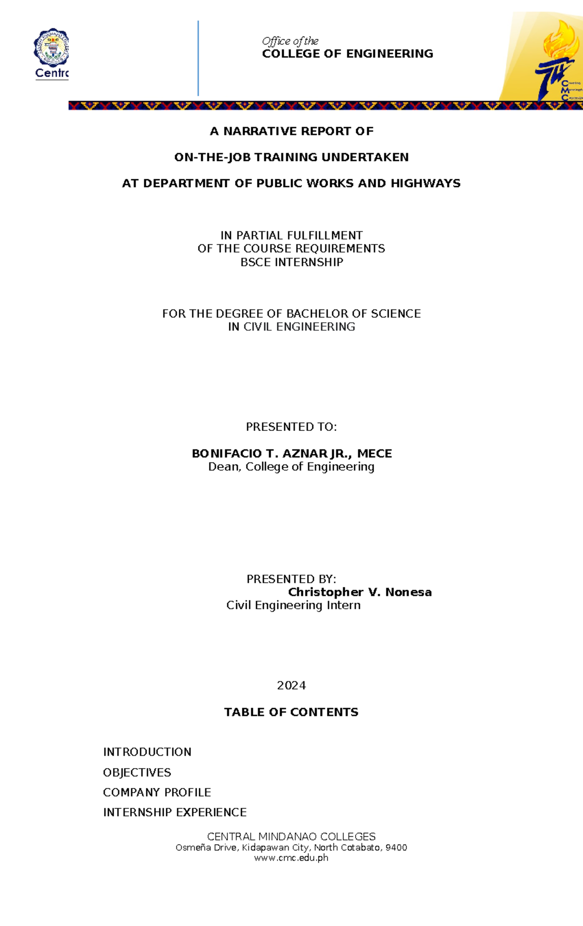 Narrative Report on On-the-Job Training for BSCE Internship 2024 - Studocu