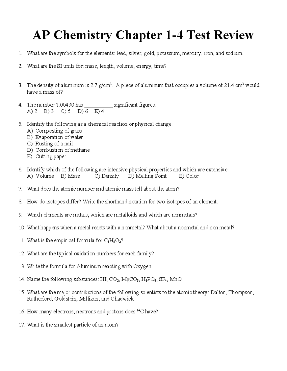 AP Chemistry Chapter 1-4 Review - AP Chemistry Chapter 1-4 Test Review ...