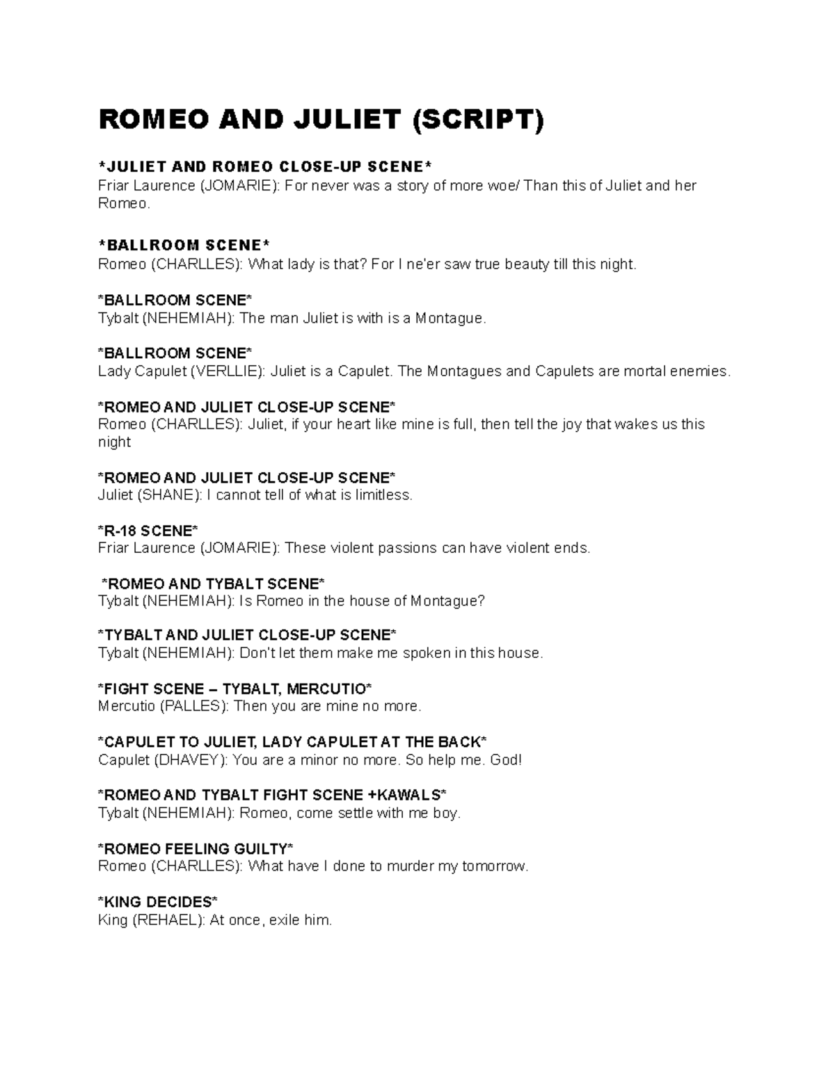 Romeo AND Juliet ( Script) - ROMEO AND JULIET (SCRIPT) JULIET AND ROMEO ...