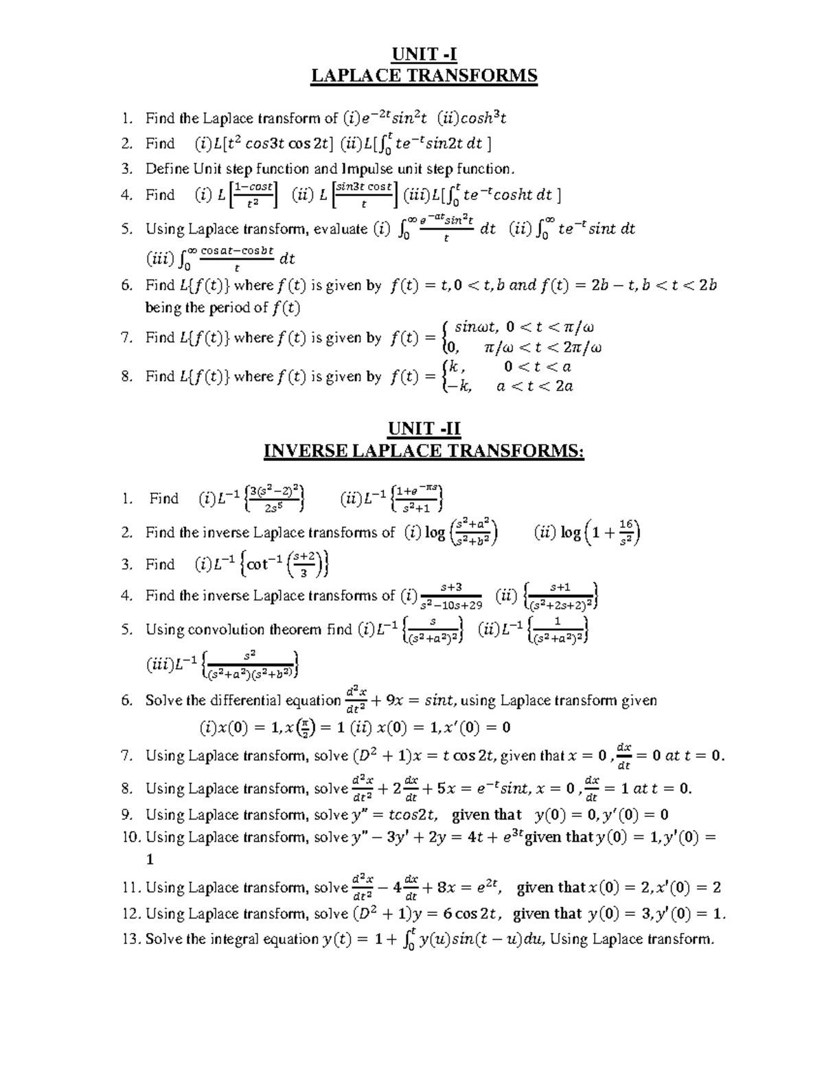 VCT MID-1 Important Questions on Laplace Transforms - Studocu