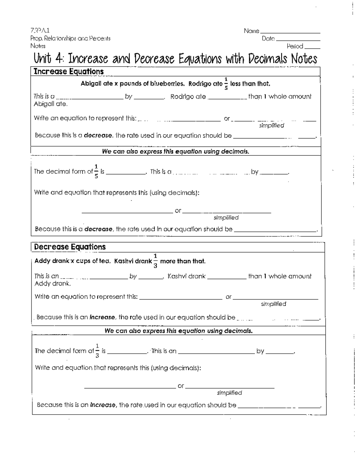 7.4 Unit Notes: Increase & Decrease Equations with Decimals - Studocu