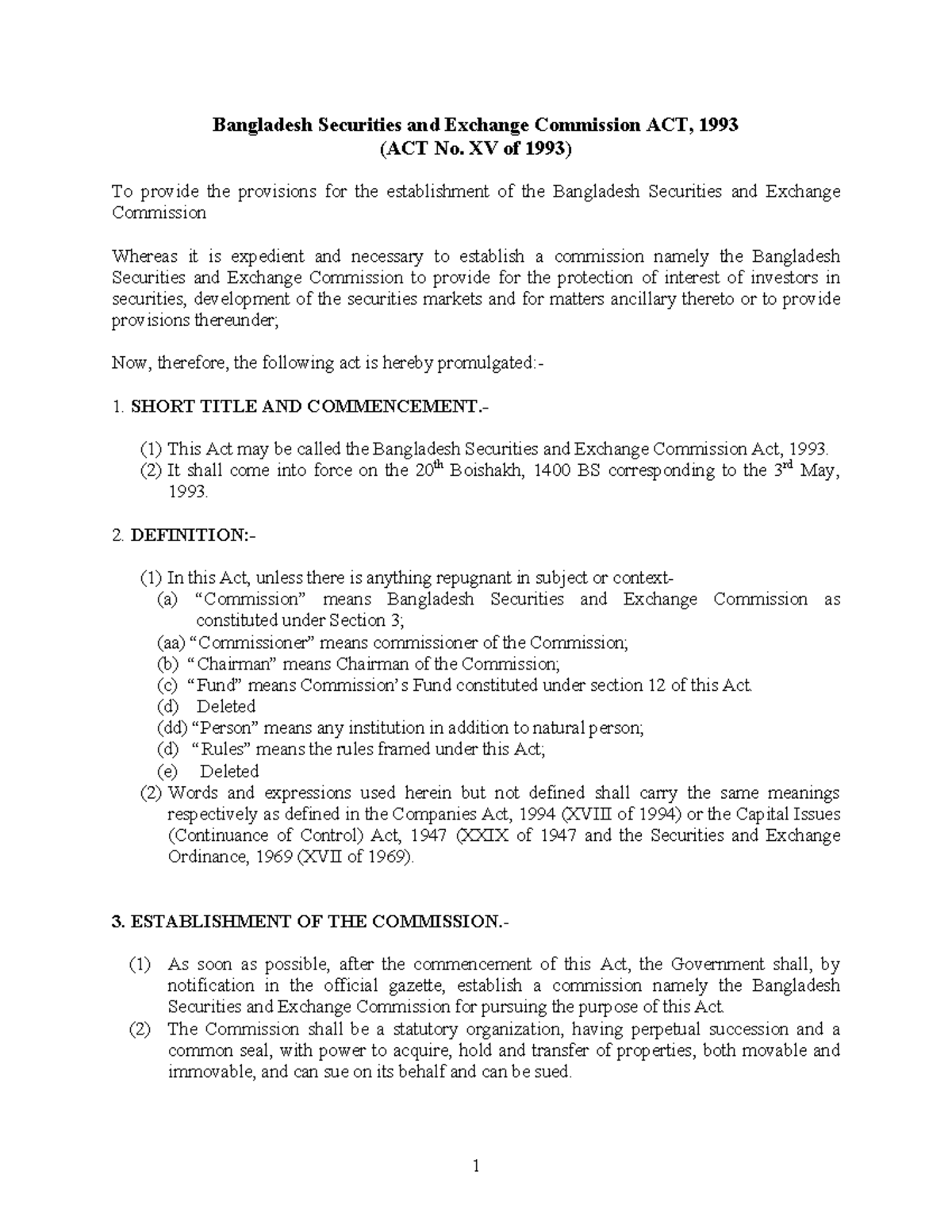BSEC Act 1993: Establishment and Provisions of the Commission - Studocu