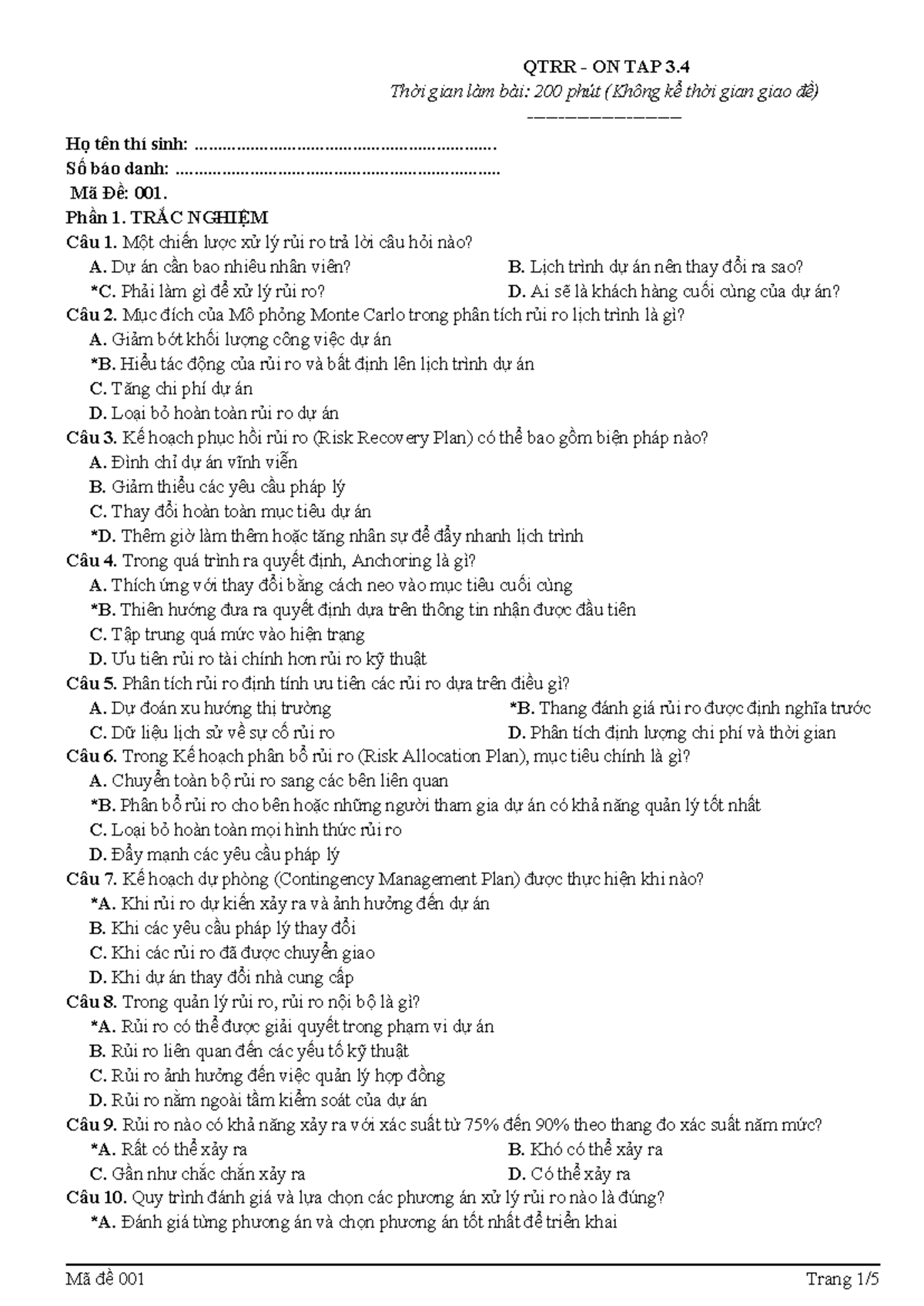 QTRR 2 - Trắc Nghiệm Quản Trị Rủi Ro Mã Đề 001 - Studocu