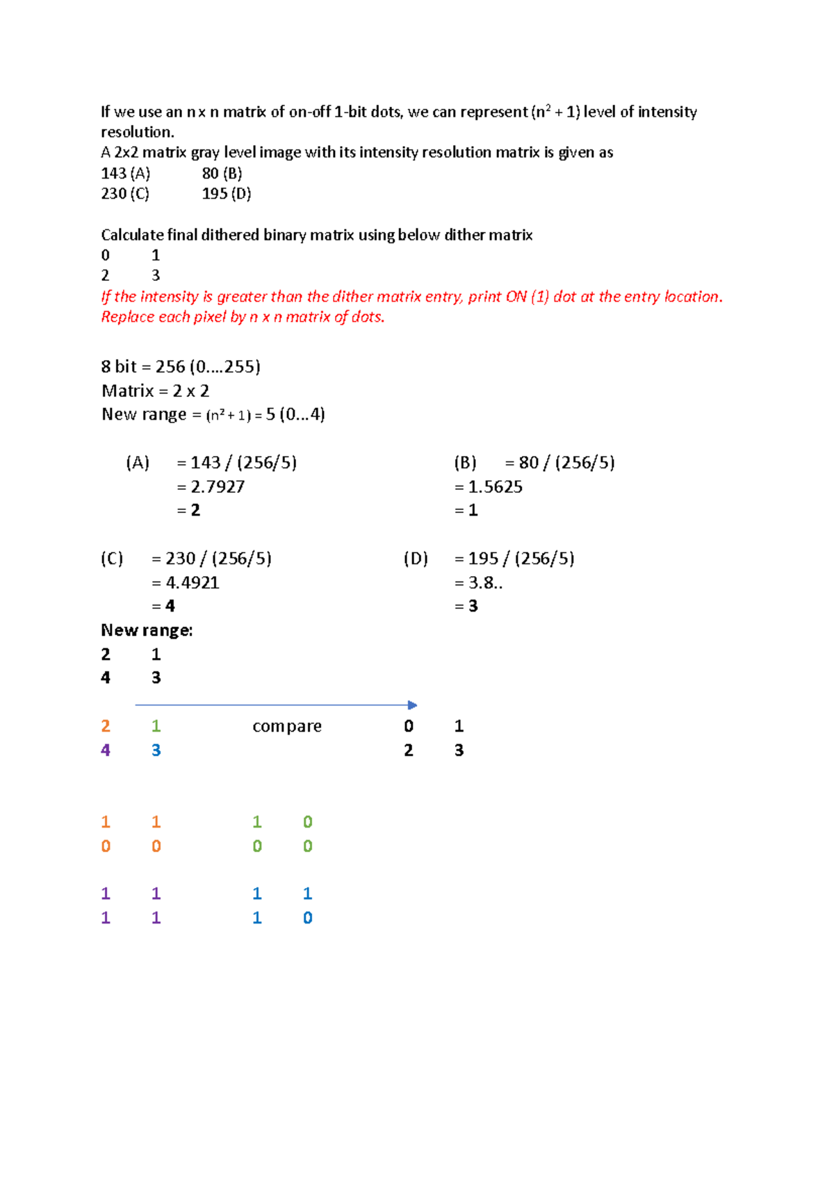 Dithered Matrix Calculation for Intensity Resolution in 2x2 Image - Studocu