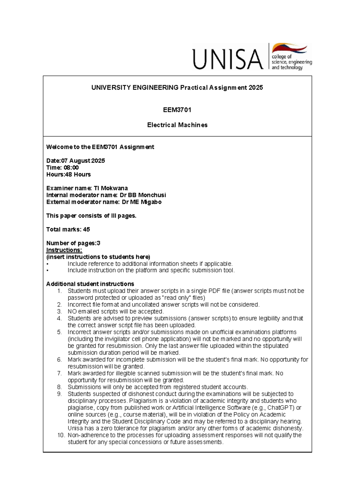 EEM3701 Practical Assignment 2025: Electrical Machines Overview - Studocu