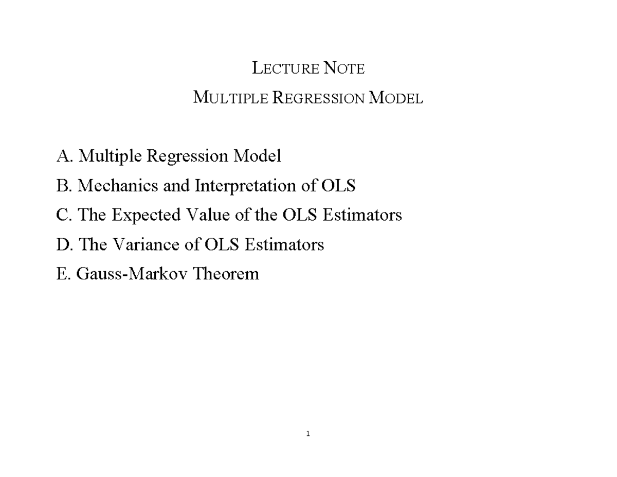LECTURE NOTE 5: MULTIPLE REGRESSION MODEL & OLS MECHANICS - Studocu