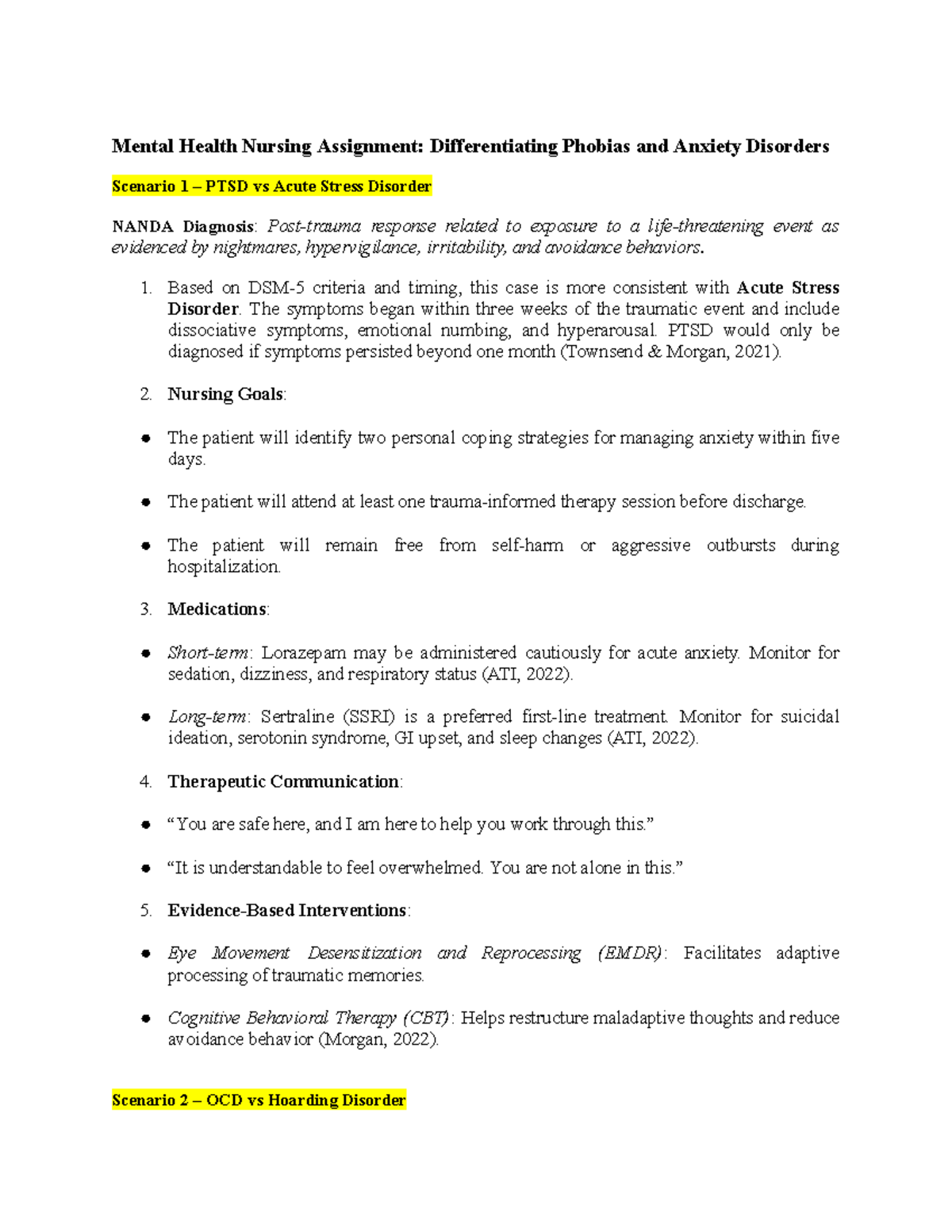 Mental Health Nursing Assignment: Differentiating Anxiety Disorders and ...