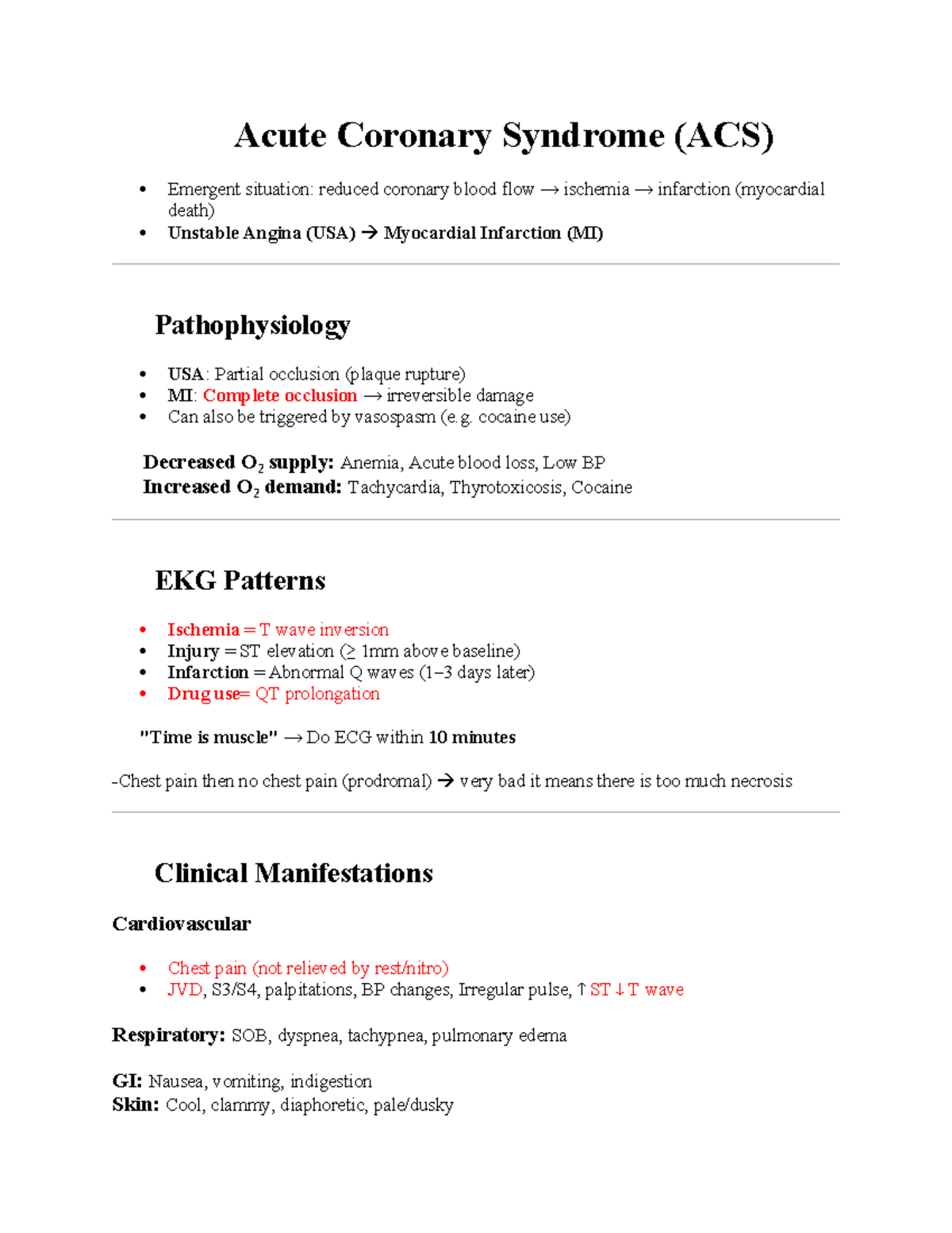 ACS: MI - Myocardial Infarction Overview and Management Notes - Studocu