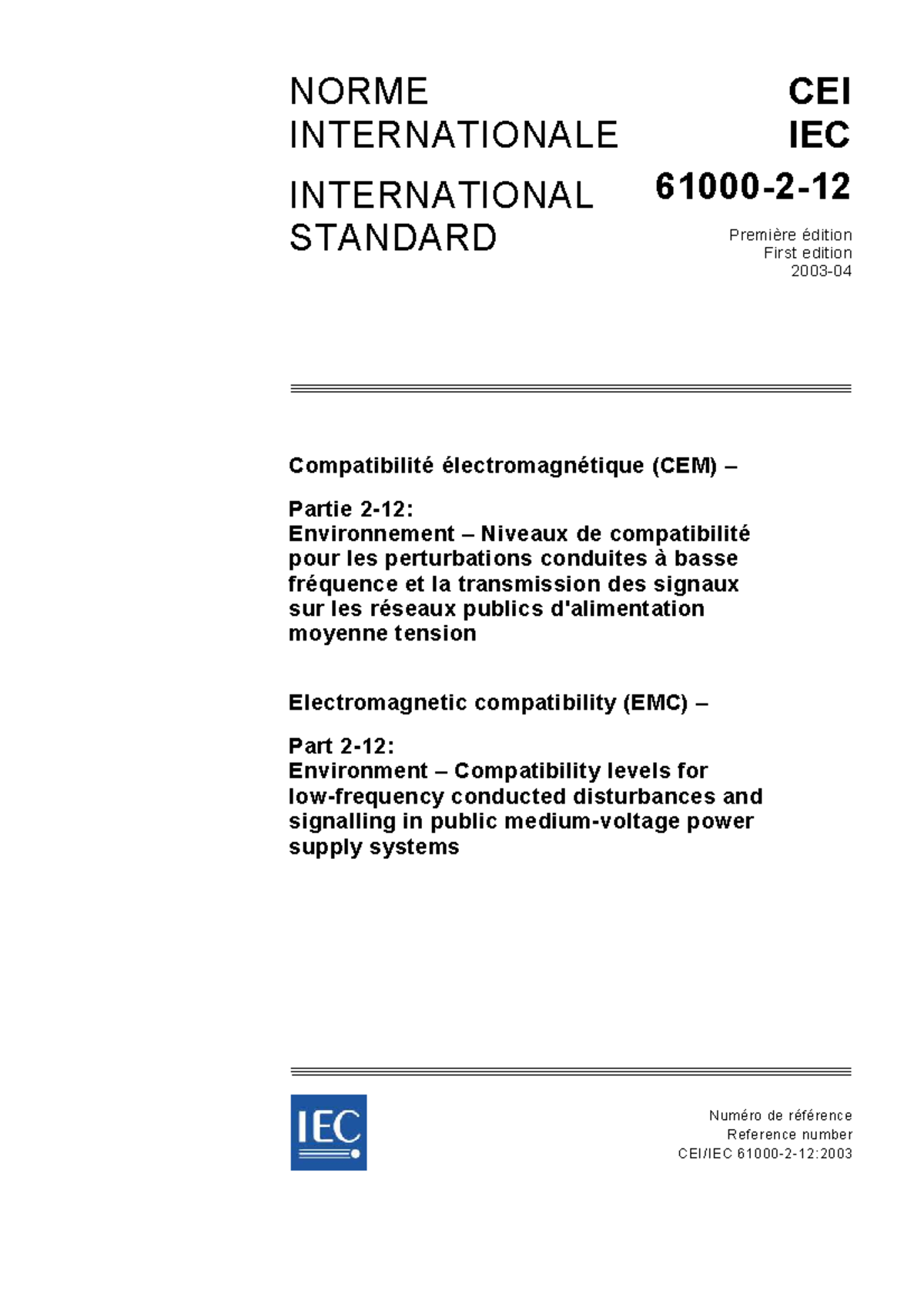 IEC 61000-2-12:2003 - Norme sur la Compatibilité Électromagnétique (CEM ...