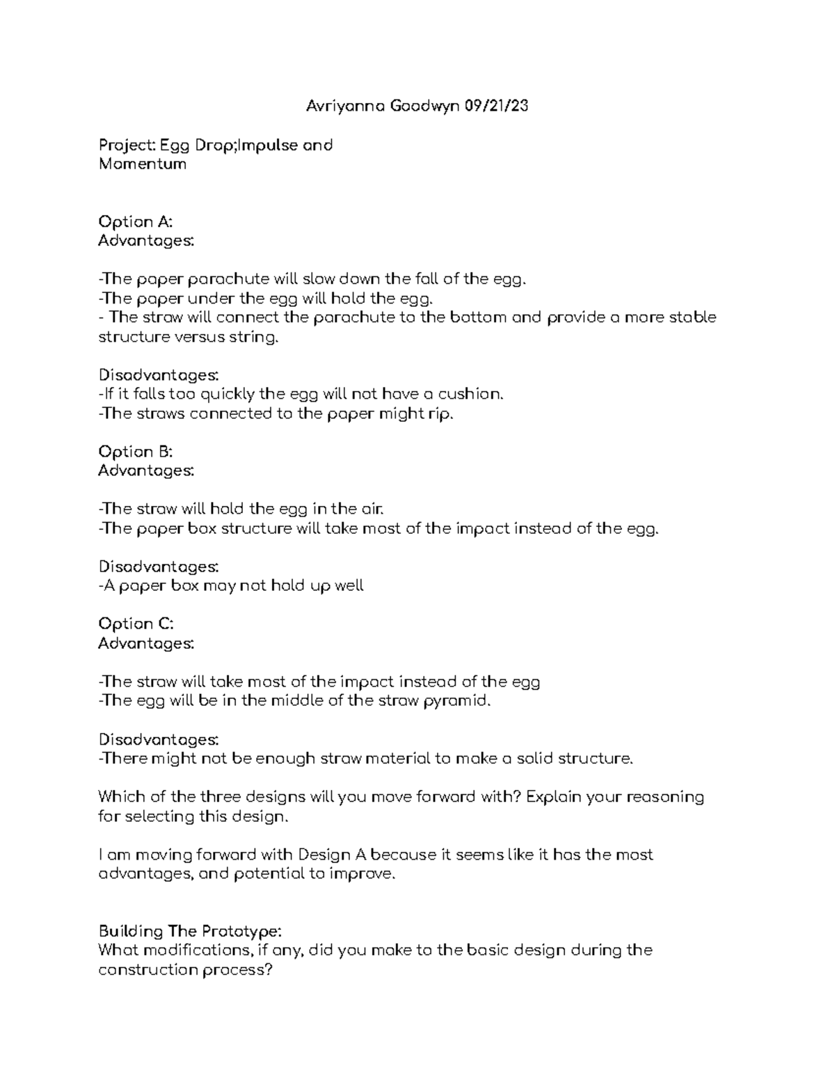 Impulse and Momentum Project: Egg Drop Design Evaluation Report - Studocu