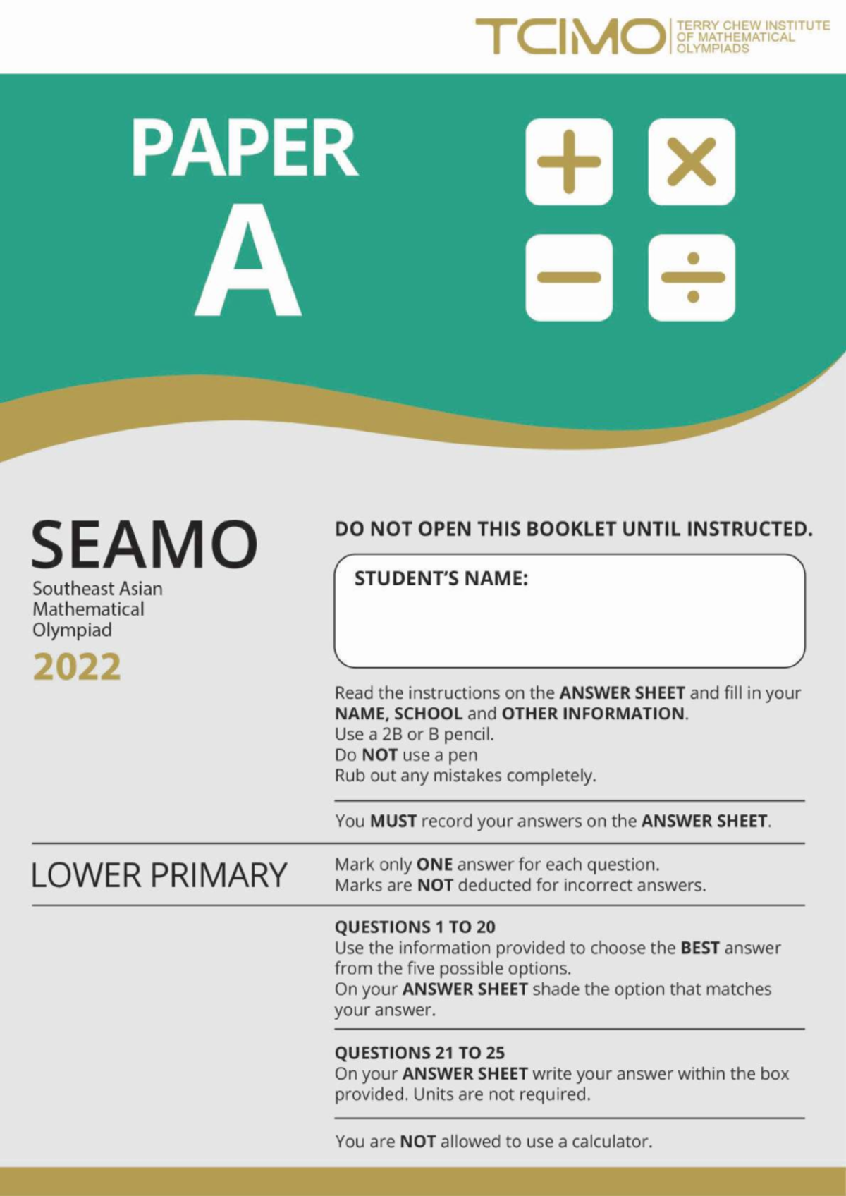 SEAMO 2022 Paper A - Lower Primary Questions and Answers - Studocu