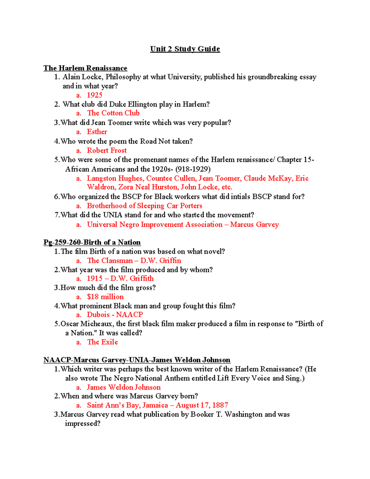Unit 2 Study Guide: The Harlem Renaissance & Key Figures (Ch. 15, 17 ...