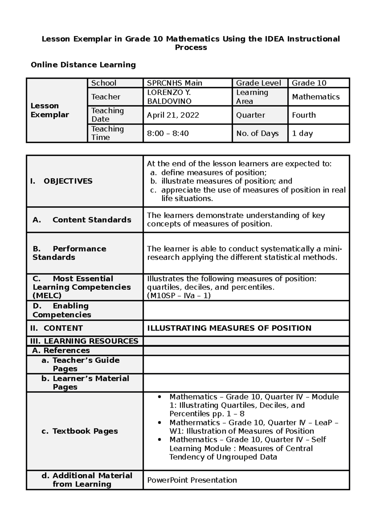 LE-Q4-G10 Math-Week 1: Illustrating Measures of Position Lesson - Studocu