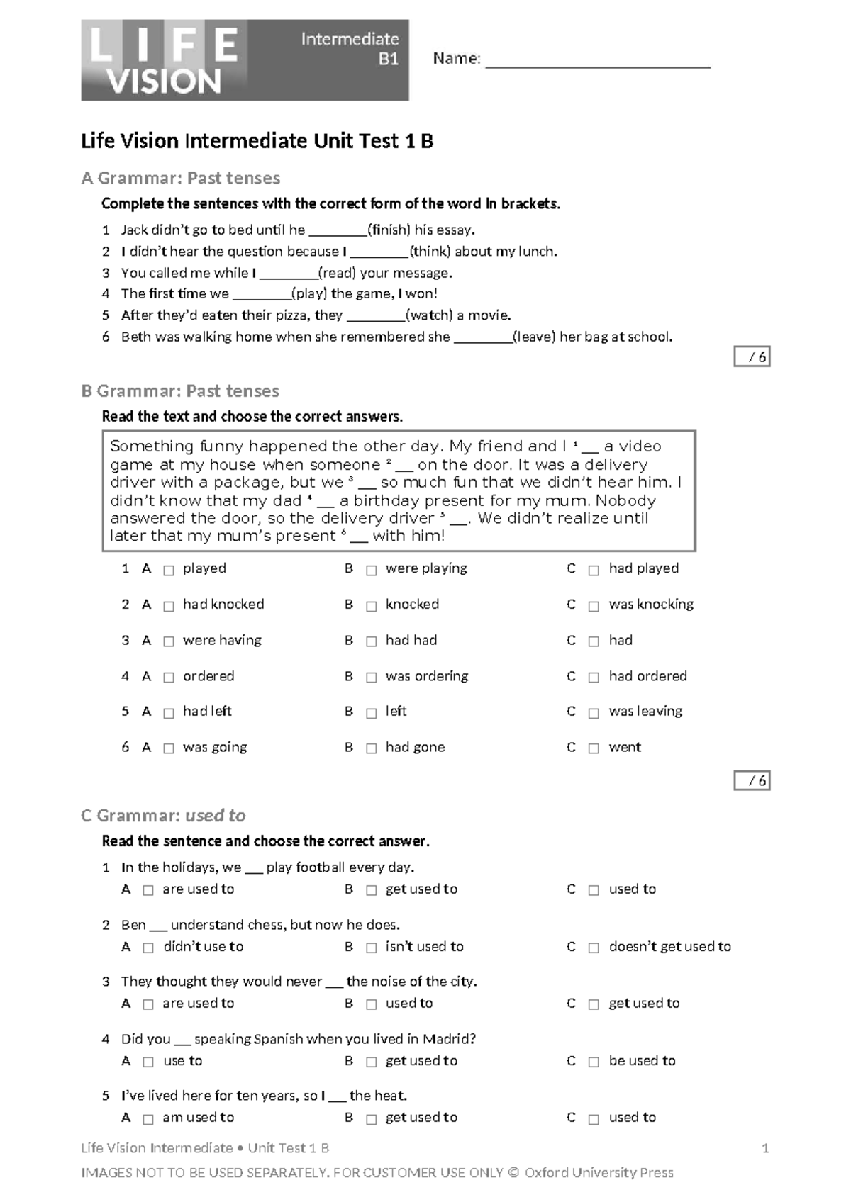 Life Vision Intermediate Unit Test 1B: Grammar & Vocabulary Review ...