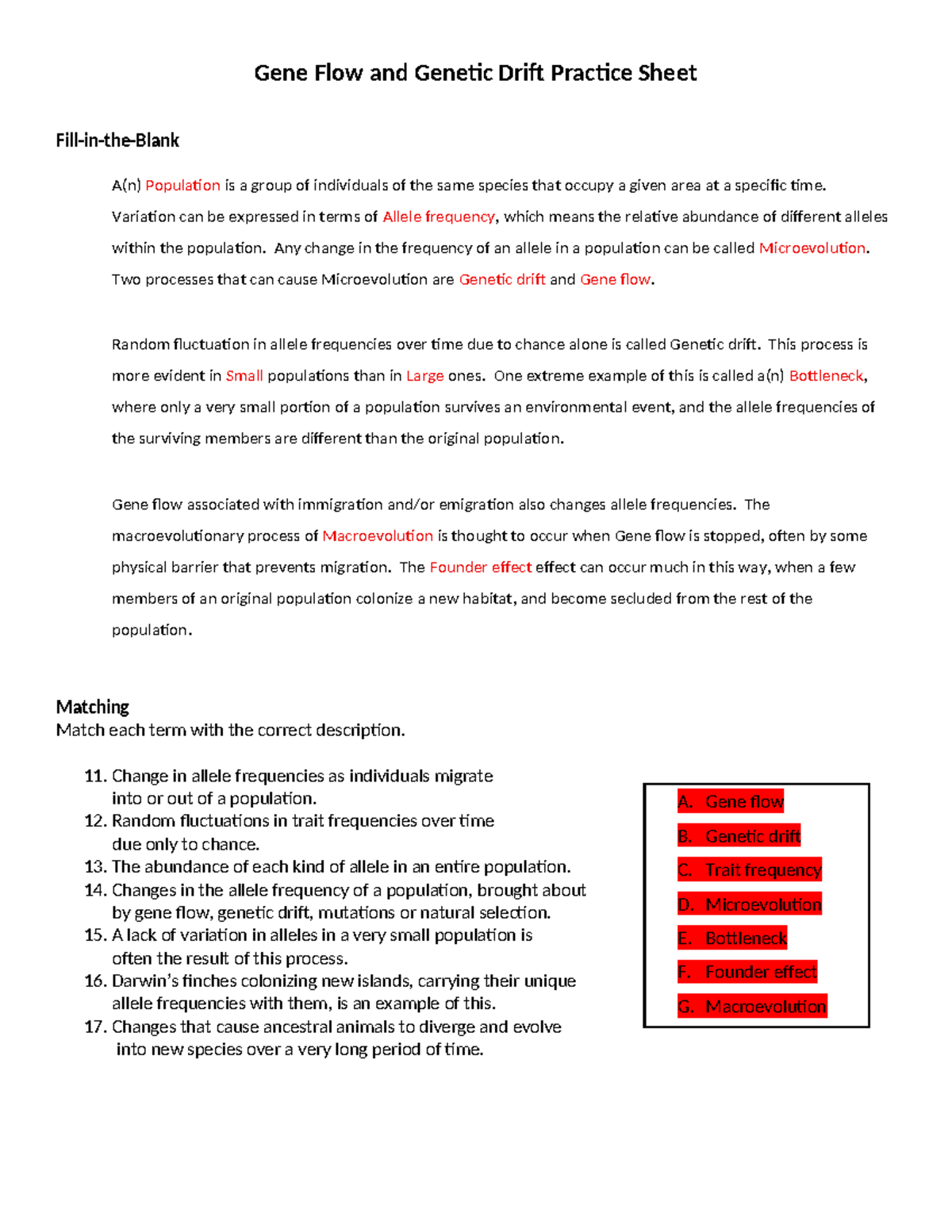 Gene Flow and Genetic Drift Practice Sheet (Biology 101) - Studocu