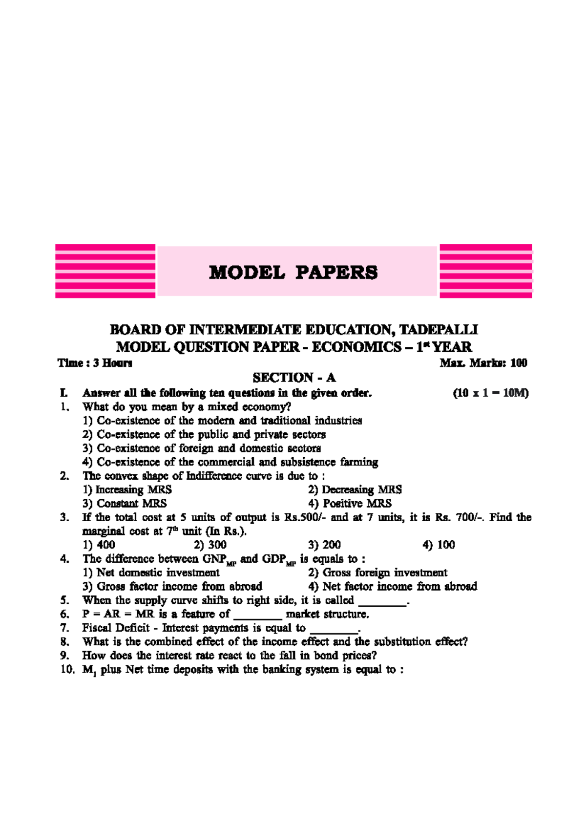 Economics Model Question Paper - 1st Year (BIE Tadepalli) - Studocu