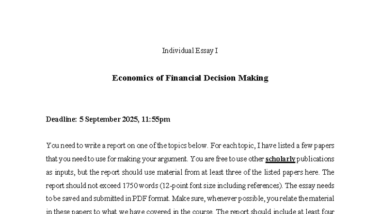 Individual Essay I: Economics of Financial Decision Making (ECO 101 ...