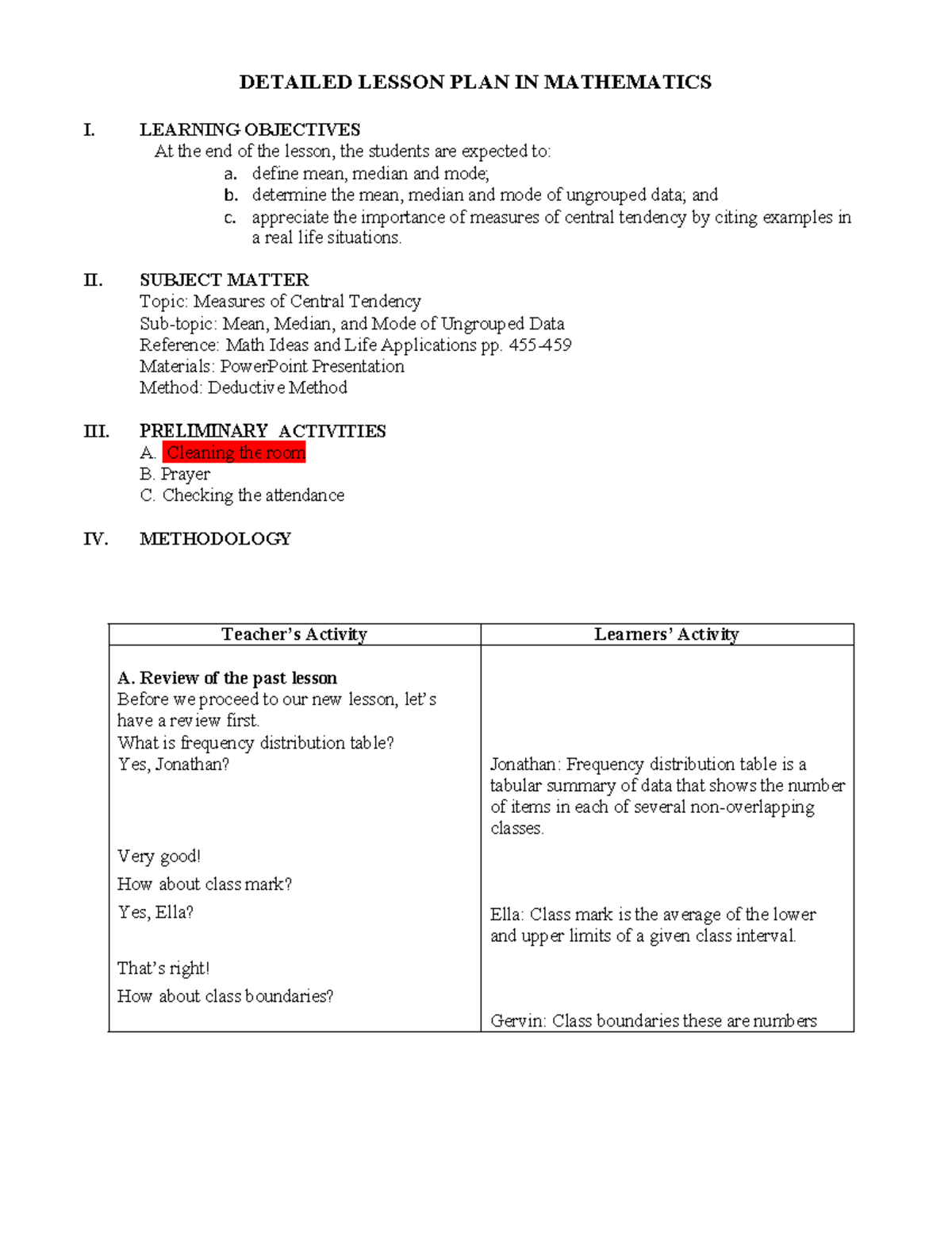 Measures of Central Tendency: Detailed Lesson Plan on Mean, Median ...