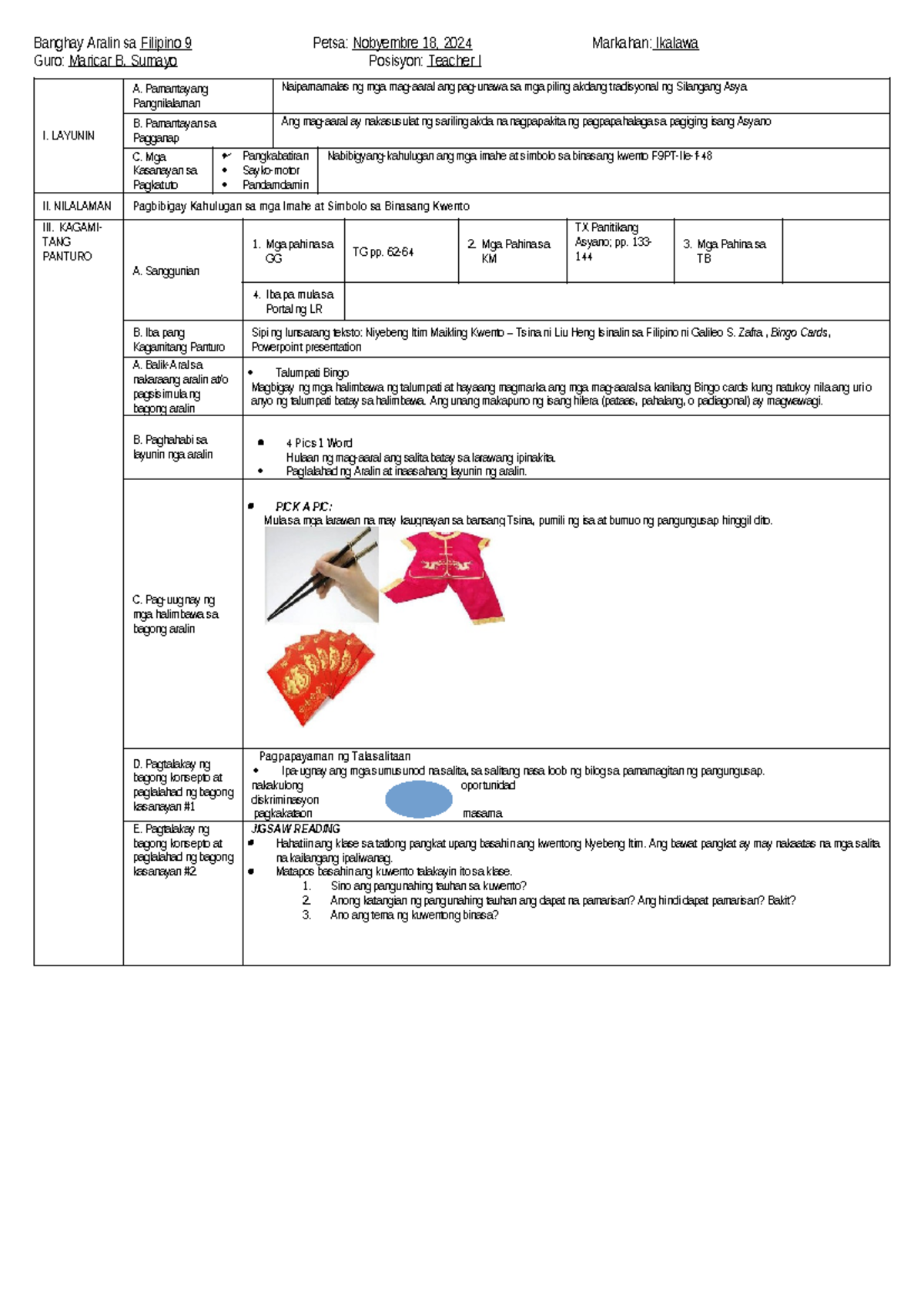 Banghay Aralin sa Filipino 9: Pagsusuri ng Maikling Kwento - Studocu
