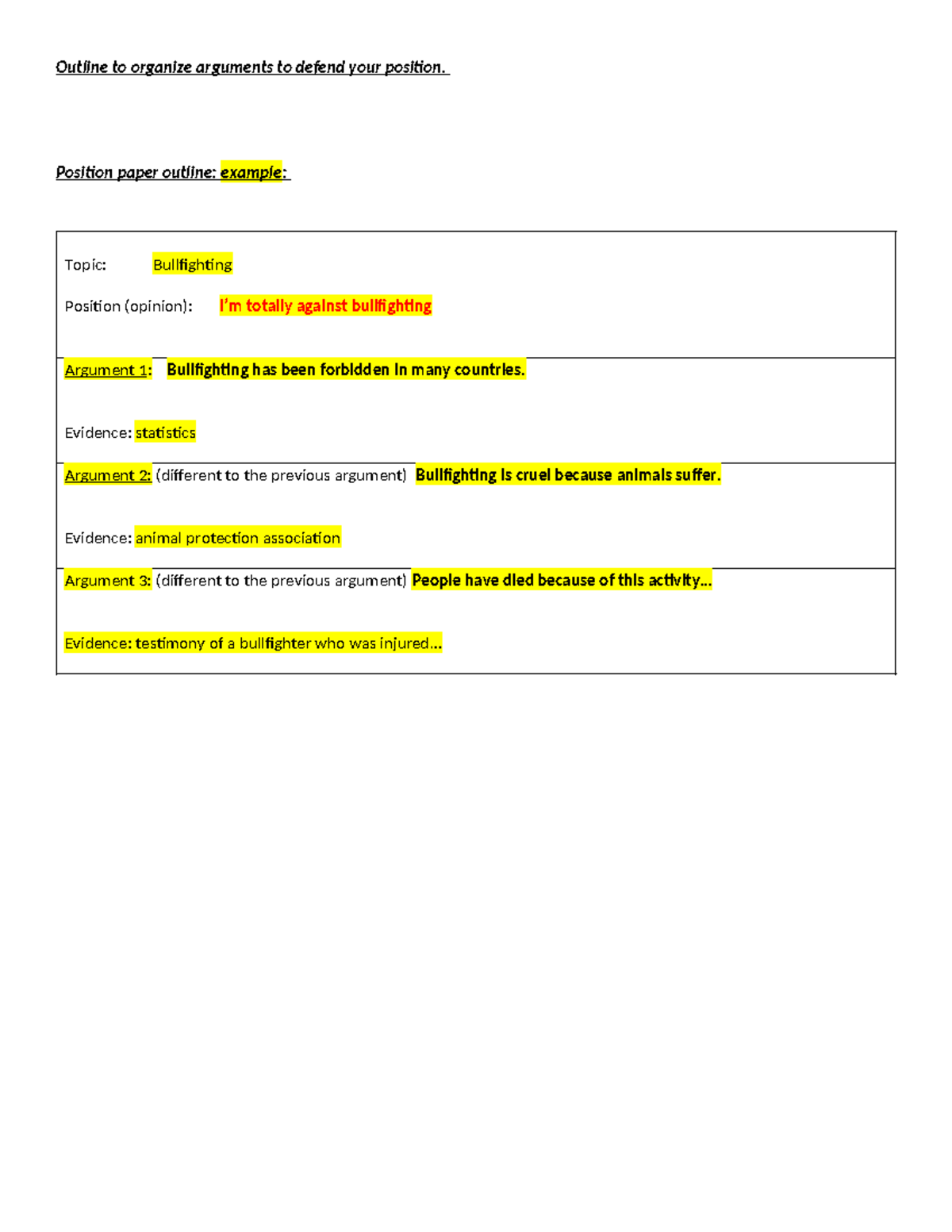 Position paper outline 4. new - Outline to organize arguments to defend ...