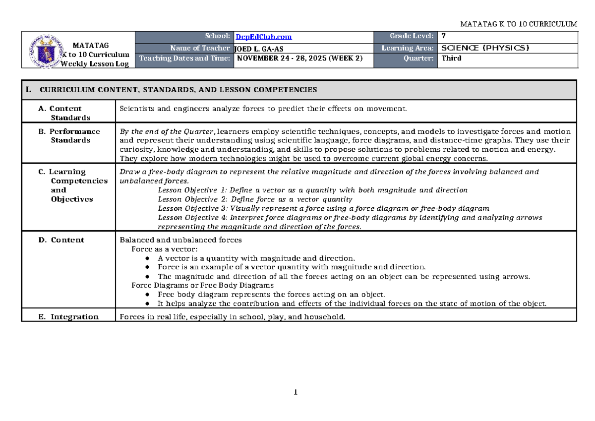DLL Matatag Science 7 Q3 W2: Forces and Motion Lesson Log - Studocu