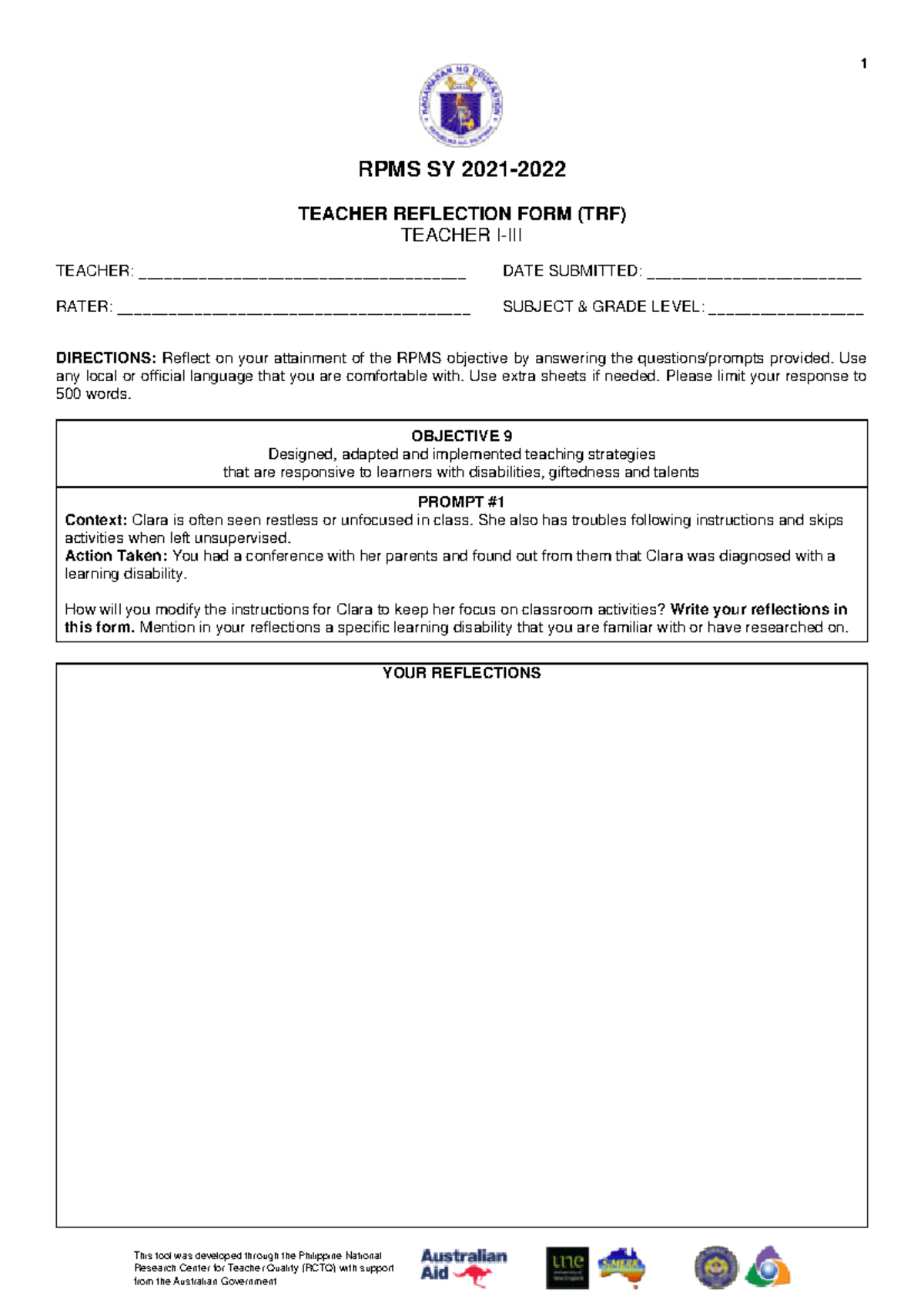 Appendix 4A Teacher Reflection Form for T I III for RPMS SY 2021 2022 ...