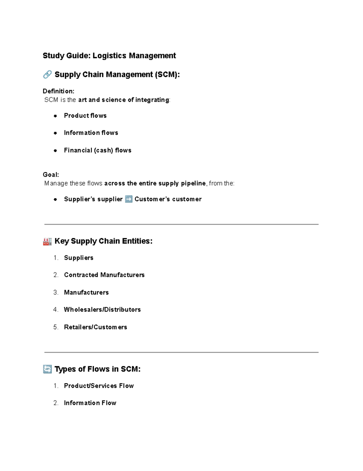 Logistics Management (SCM) Exam 1 Study Guide: Key Concepts & Flows ...
