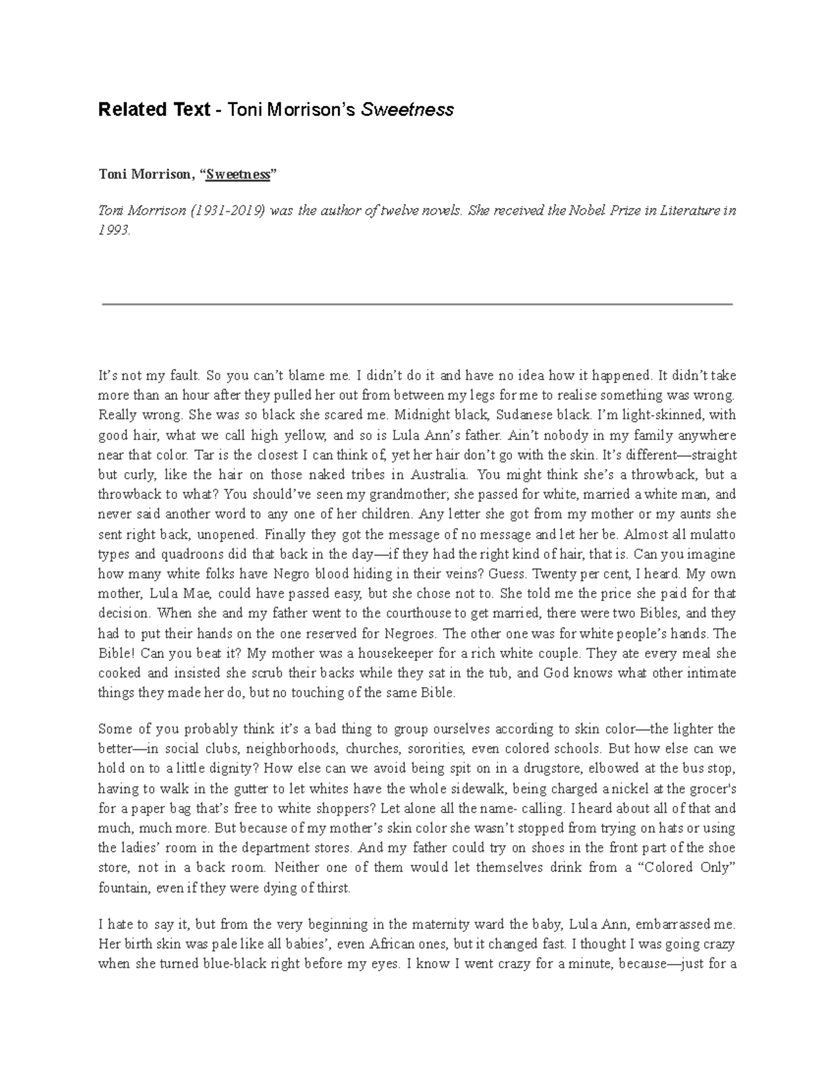Toni Morrison's "Sweetness": Exploring Identity & Motherhood Issues ...