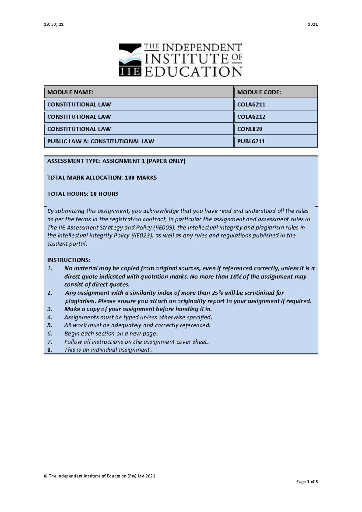 COLA Assignment 1 - © The Independent Institute of Education (Pty) Ltd 2021 MODULE NAME: MODULE ...