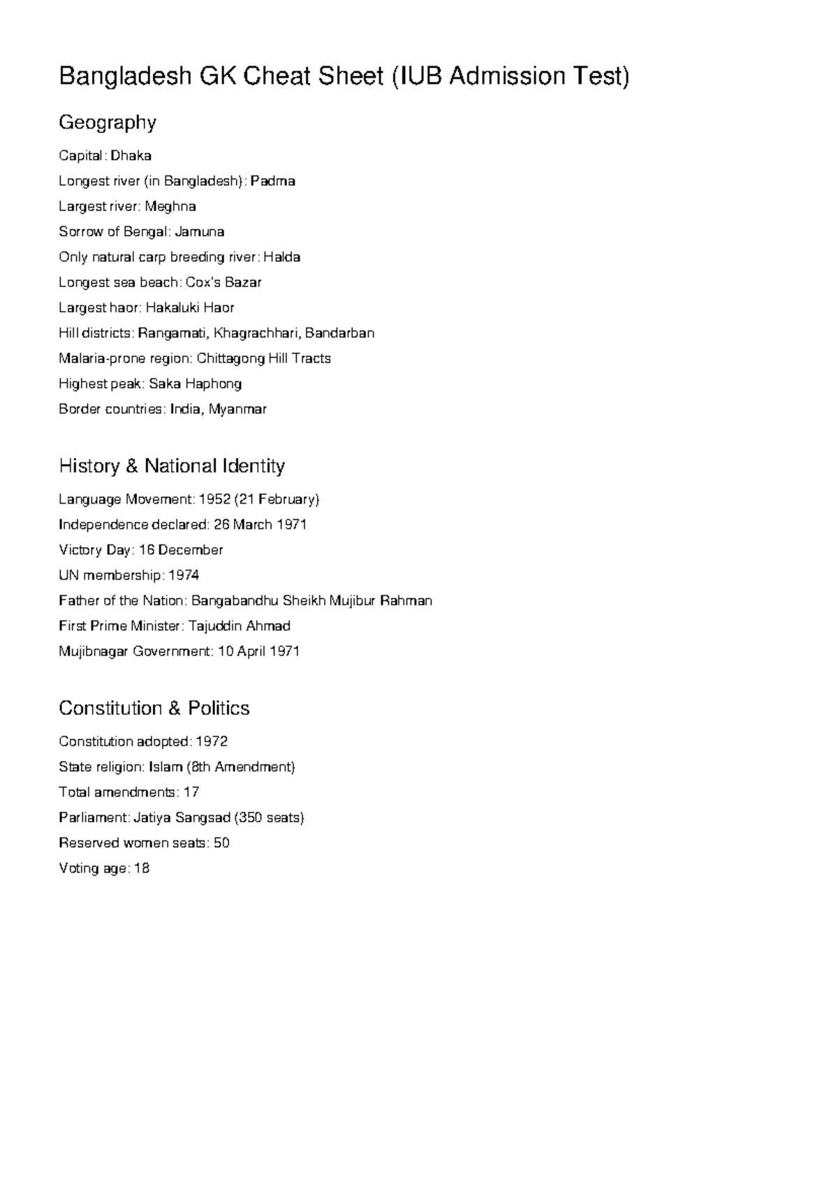 Bangladesh GK Cheat Sheet for IUB Admission Test - Studocu