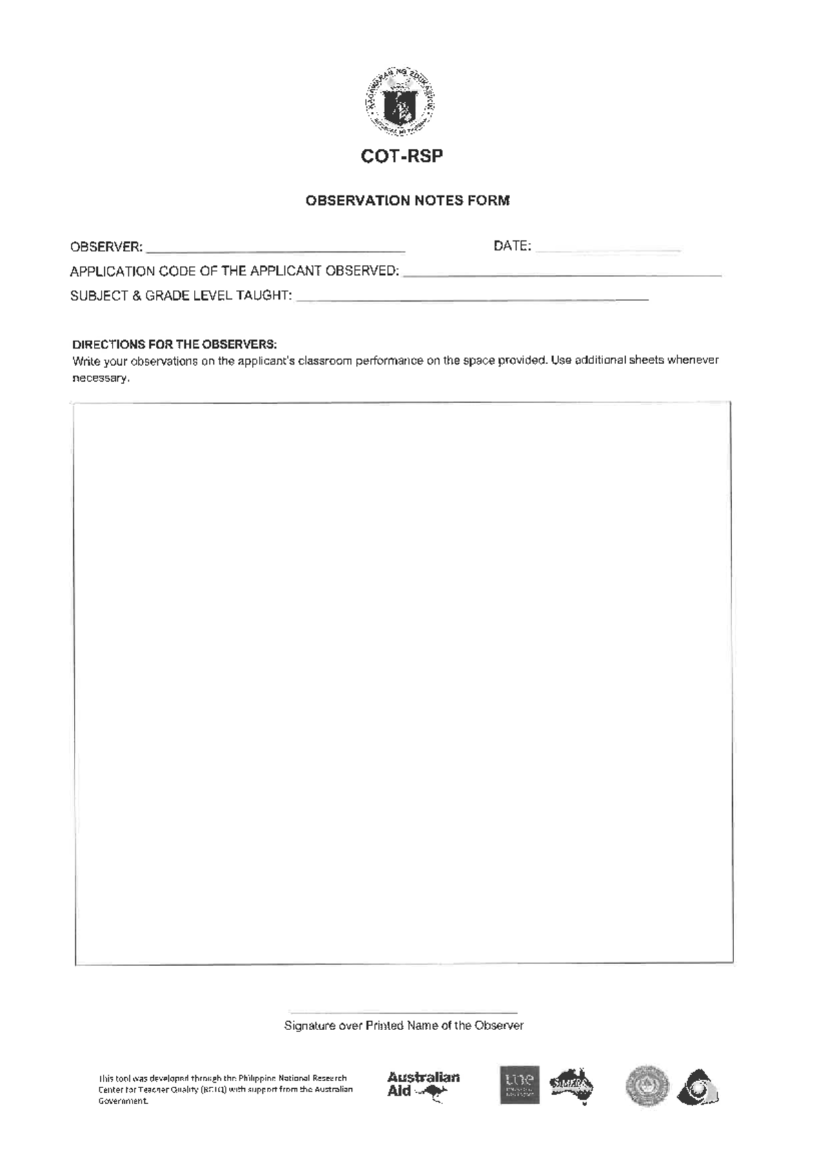 COT Form for Classroom Observation and Teacher Evaluation - Studocu