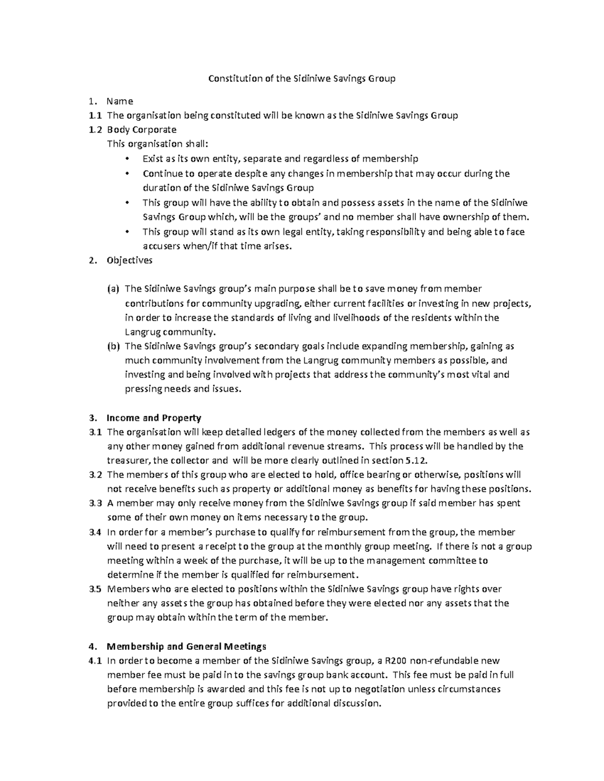 Sidiniwe Savings Group Constitution - Self-Help Policy Framework - Studocu