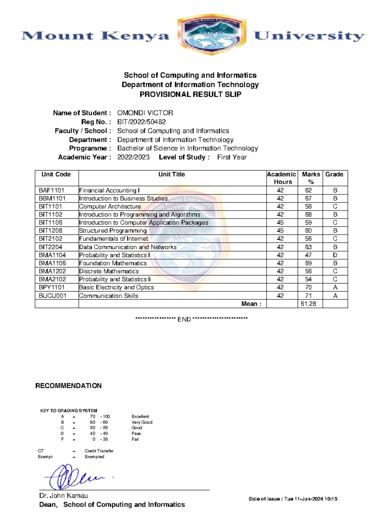 Provisional Result Slip for OMONDI VICTOR - BIT Program 2024 - Studocu