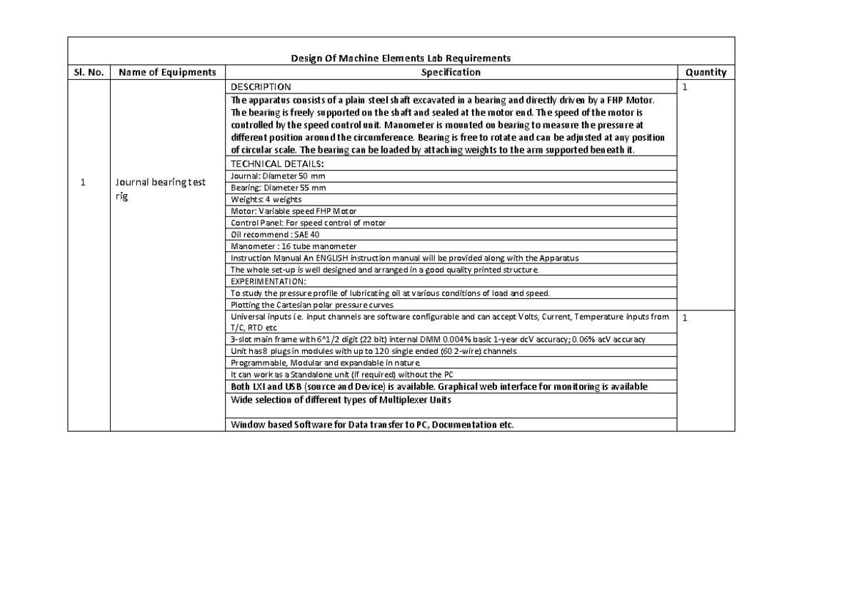 Design of Machine Elements Lab Equipment Specifications - CSDCV - Studocu