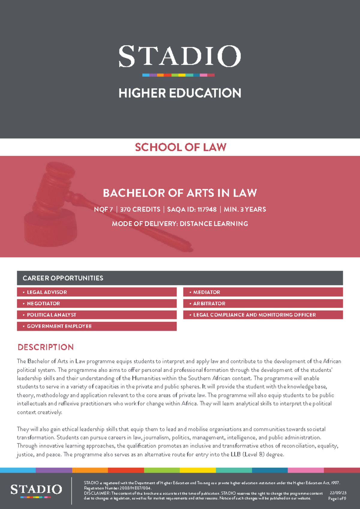 SOL - Bachelor of Arts in Law (NQF 7) Distance Learning 2024 - Studocu